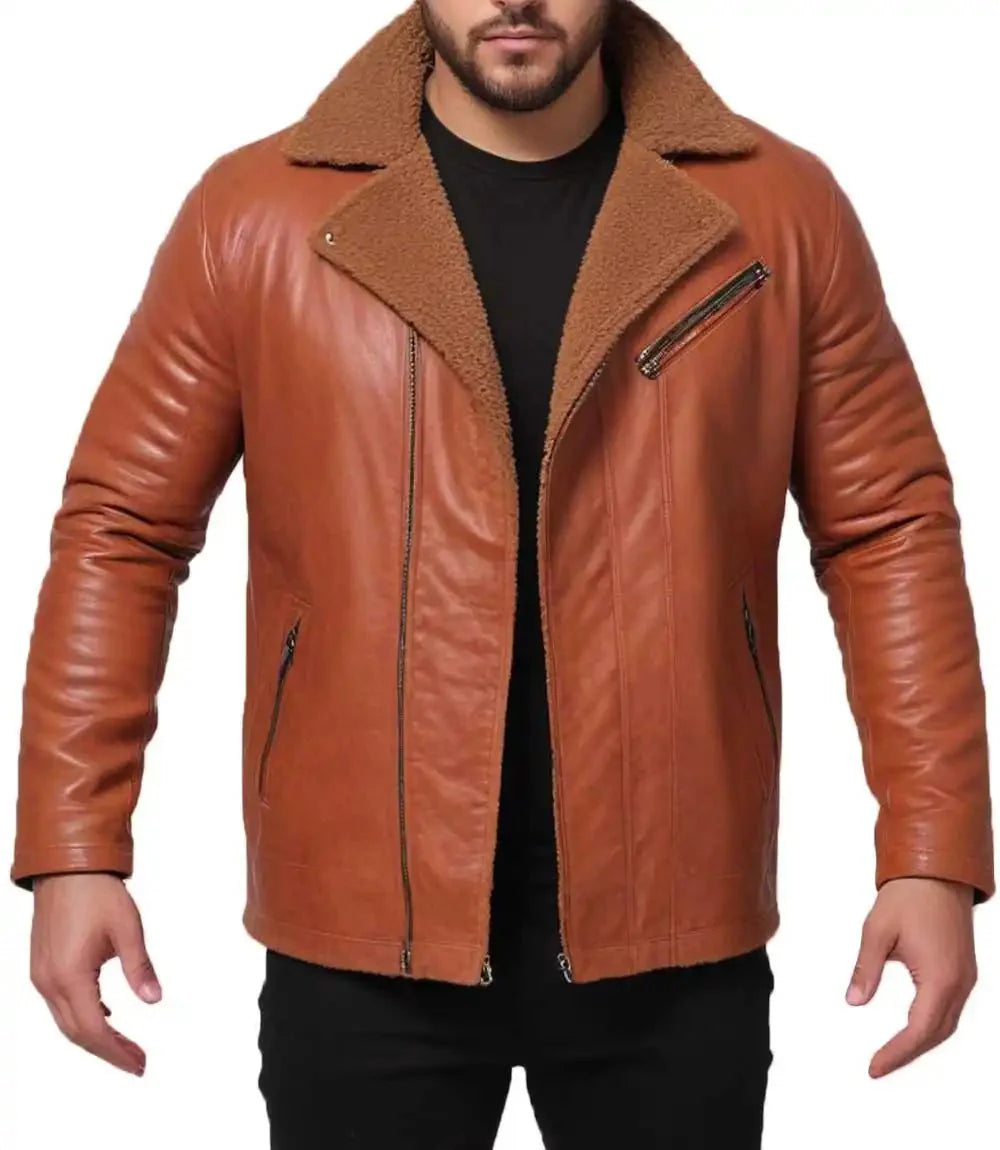 Sherpa Leather Jacket Motorcycle Mens | Tan Leather Jacket